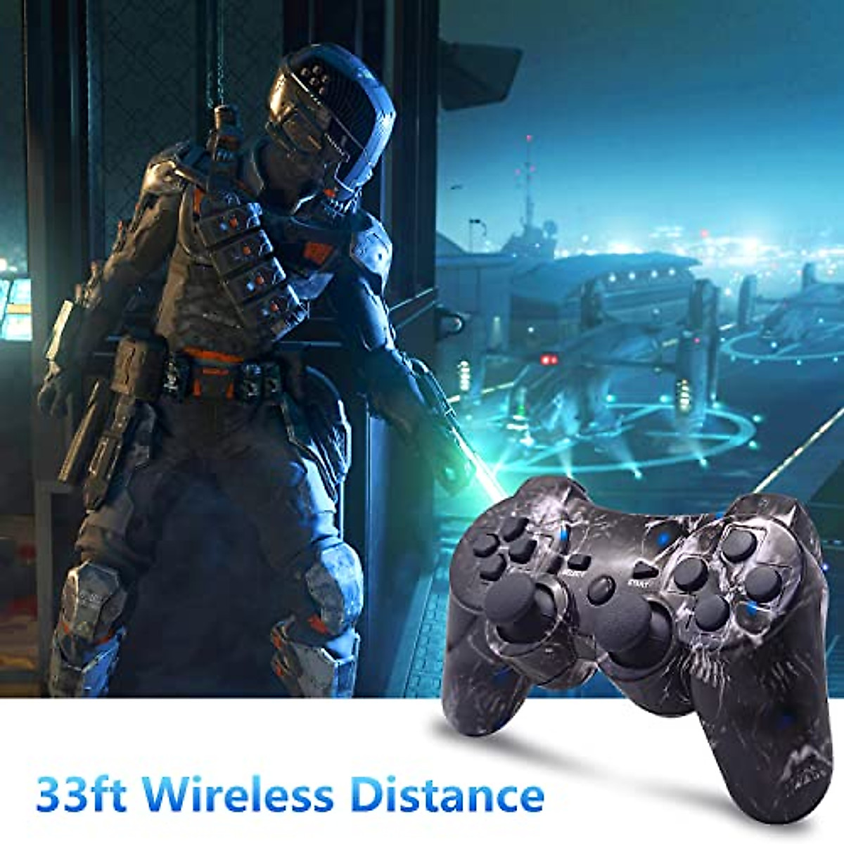 TUOZHE Wireless Controller for PS3, 2 Pack Controller for Play 3, 6-Axis with High-Performance Double Shock, Motion Control, USB Charging Cable(Blue Flash and Purple Sky)