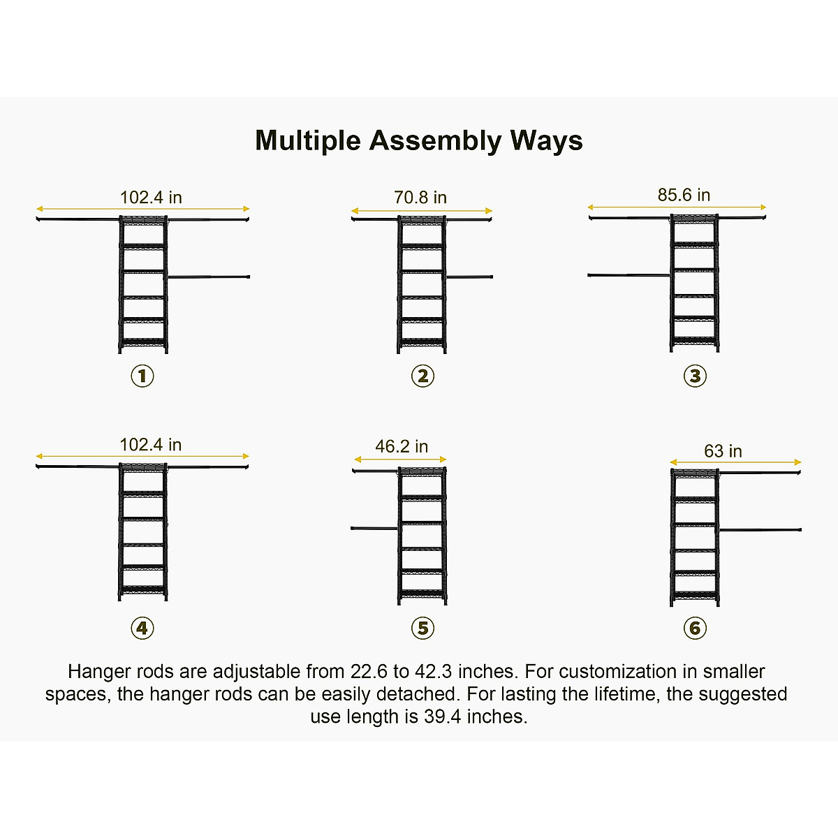 Ulif M5 Wall Mounted Clothes Garment Rack, Heavy Duty Closet Storage and Organizer System with 6 Shelves and 3 Expandable Hanger Rods, Space Saver Suit (46.2-102.4)"W x 14"D x 83.1"H, Black