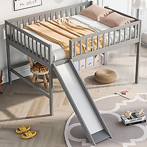Harper & Bright Designs Full Size Low Loft Bed with Slide, High Guardrail & Ladder, Kids Wooden Full Loft Bed Frame for Girls,Boys, No Box Spring Needed, Gray