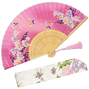 OMyTea® Hand Held Silk Folding Fans with Bamboo Frame - with a Fabric Sleeve for Protection for Gifts - 100% Handmade Oriental Chinese/Japanese Vintage Retro Style - for Women Ladys Girls (WZS-24)