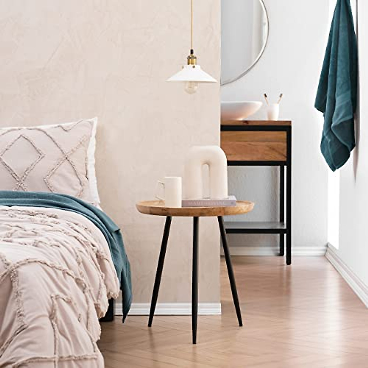 MH London Side Table - Dilan Tri Pin Small Table. Exclusively Designed Hand-Crafted Small Nightstand. Solid Wood Round End Table. Contemporary Accent Table for Bedrooms, Living Rooms and Home Office