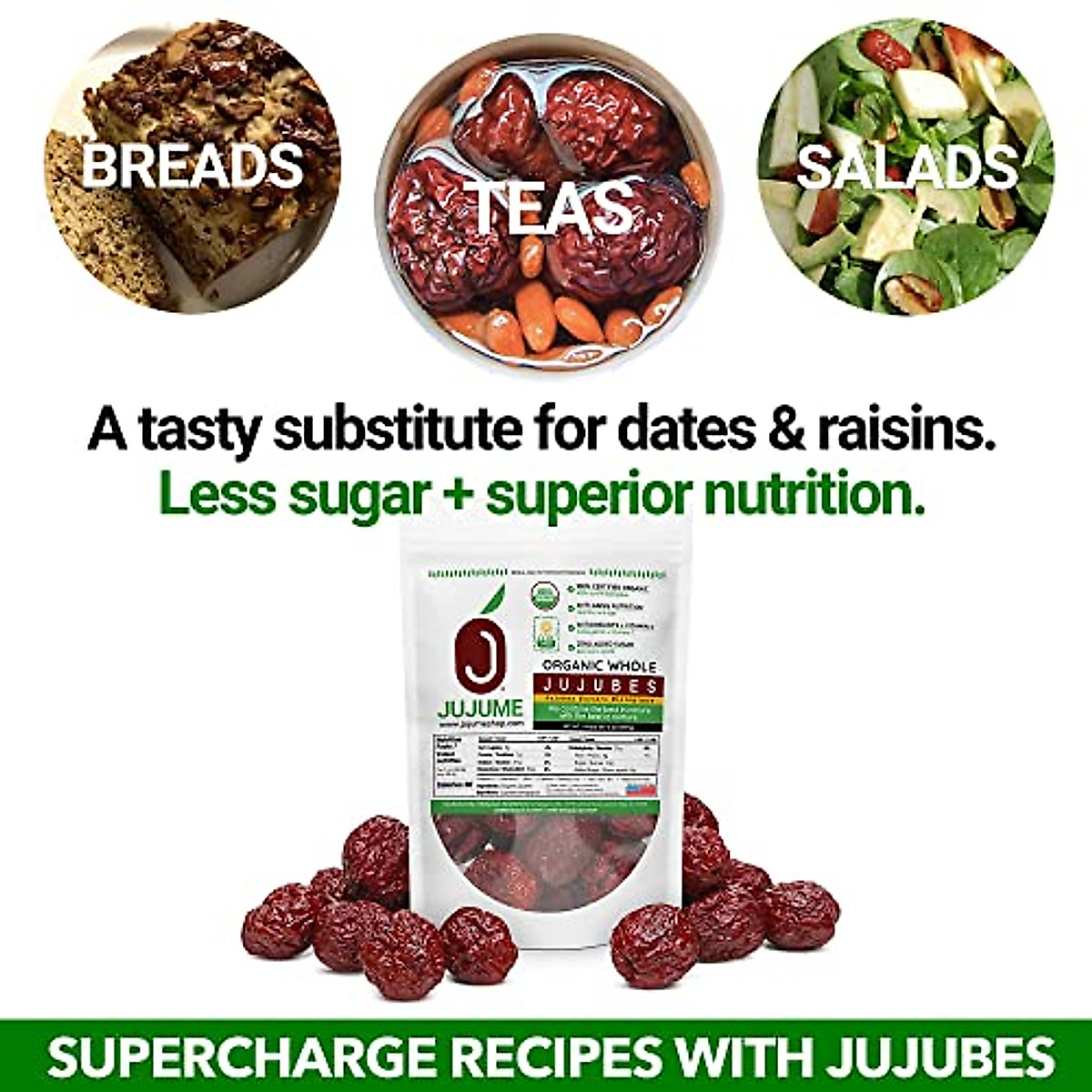 JUJUME | USDA Organic California Grown Jujubes Red Dates | Individually Sorted 3X for QA | High Grade Superfood | Healthy Dried Fruit | Certified All-Natural Non-GMO | 6 oz. bag