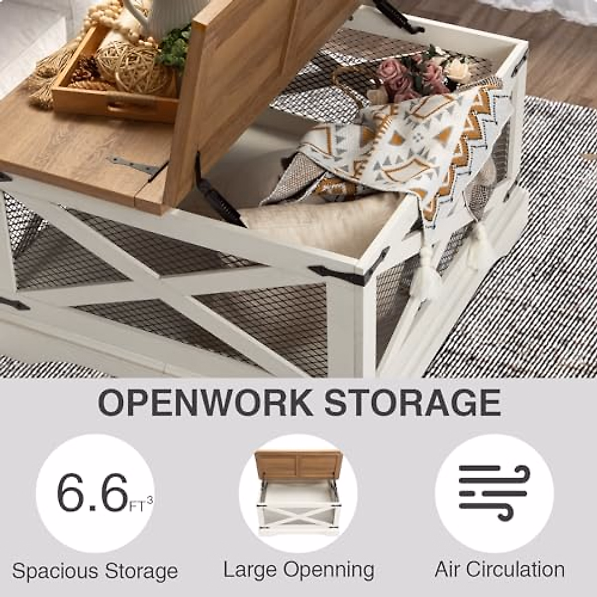 HOKYHOKY Square Coffee Table with Storage, 31.5" Farmhouse Wood Center Table with Hinged Lift Top, Industrial Coffee Table Rustic Rectangle Cocktail Table for Living Room (Distressed White)