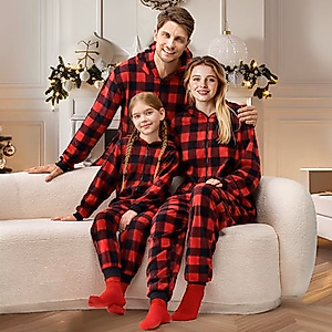 Giggling Getup Christmas Fleece Plaid Pajamas Jumpsuits Adult, Christmas Women Hoodie Full Zipper Pajamas-XL Red