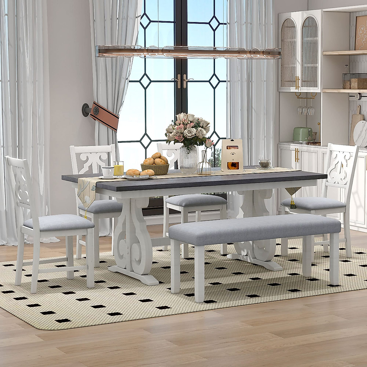 KoiHome Wooden, Farmhouse Rectangular Legs, 4 Carved Hollow Back and Bench for Home Room,Kitchen/Restaurant (Gray+White), 6-Piece Dining Table/Chairs Set