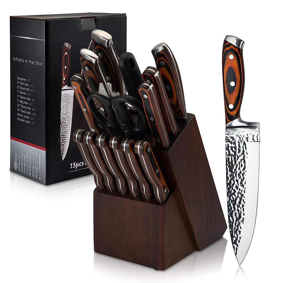 Kitchen Knife Sets with Block, 15-Piece High Carbon Stainless Steel Knife Block Set with Sharpener, Ultra-Sharp kitchen knives with Triple Rivet Wood Handle Perfect for Cooking Cut
