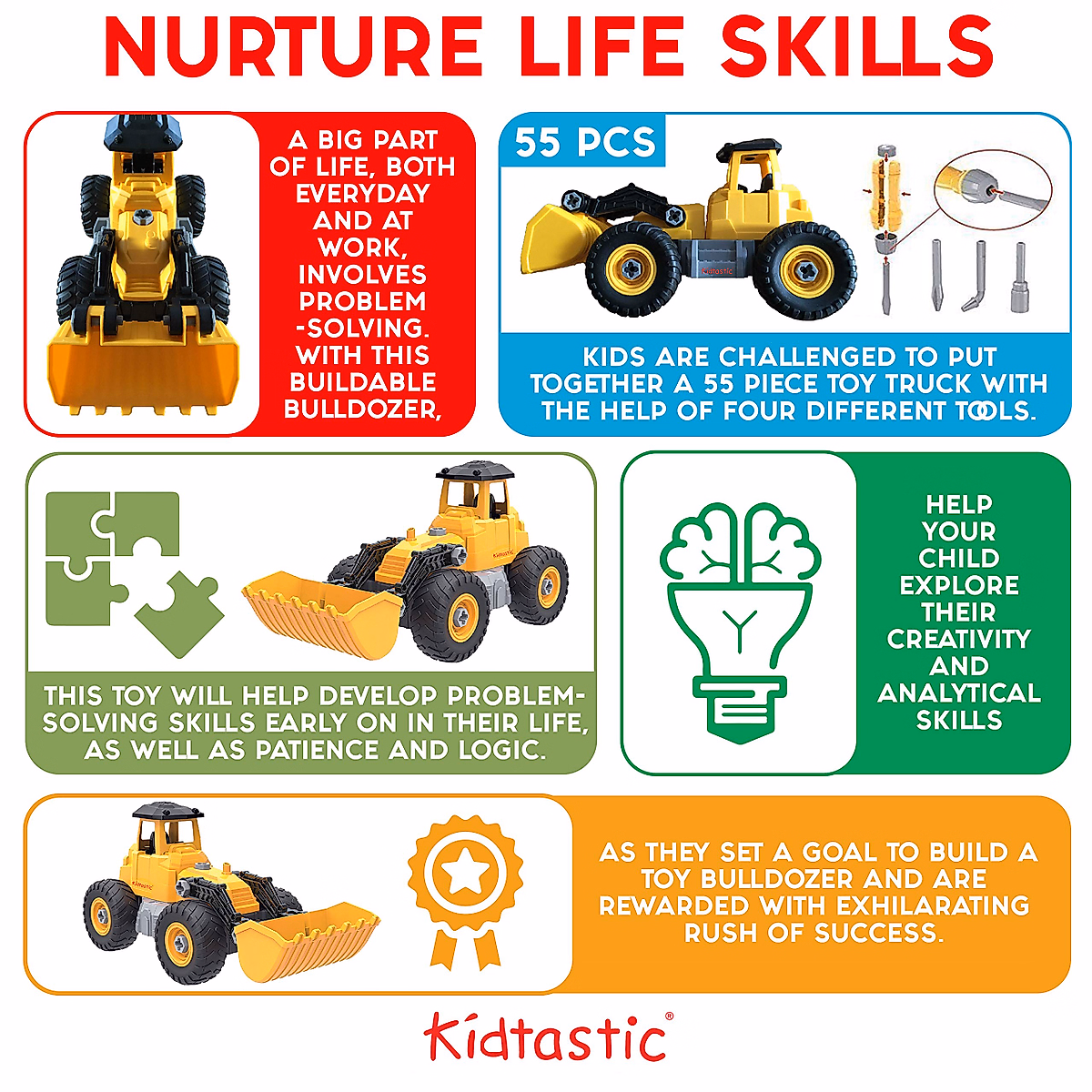 Kidtastic Bulldozer Toy for 3+ Year Old Boys and Girls, 55 Pcs Tractor Truck Engineering Vehicle Construction Toys, Take Apart Stem Fun with Screwdriver, Problem Solving Building Play Set for Kids