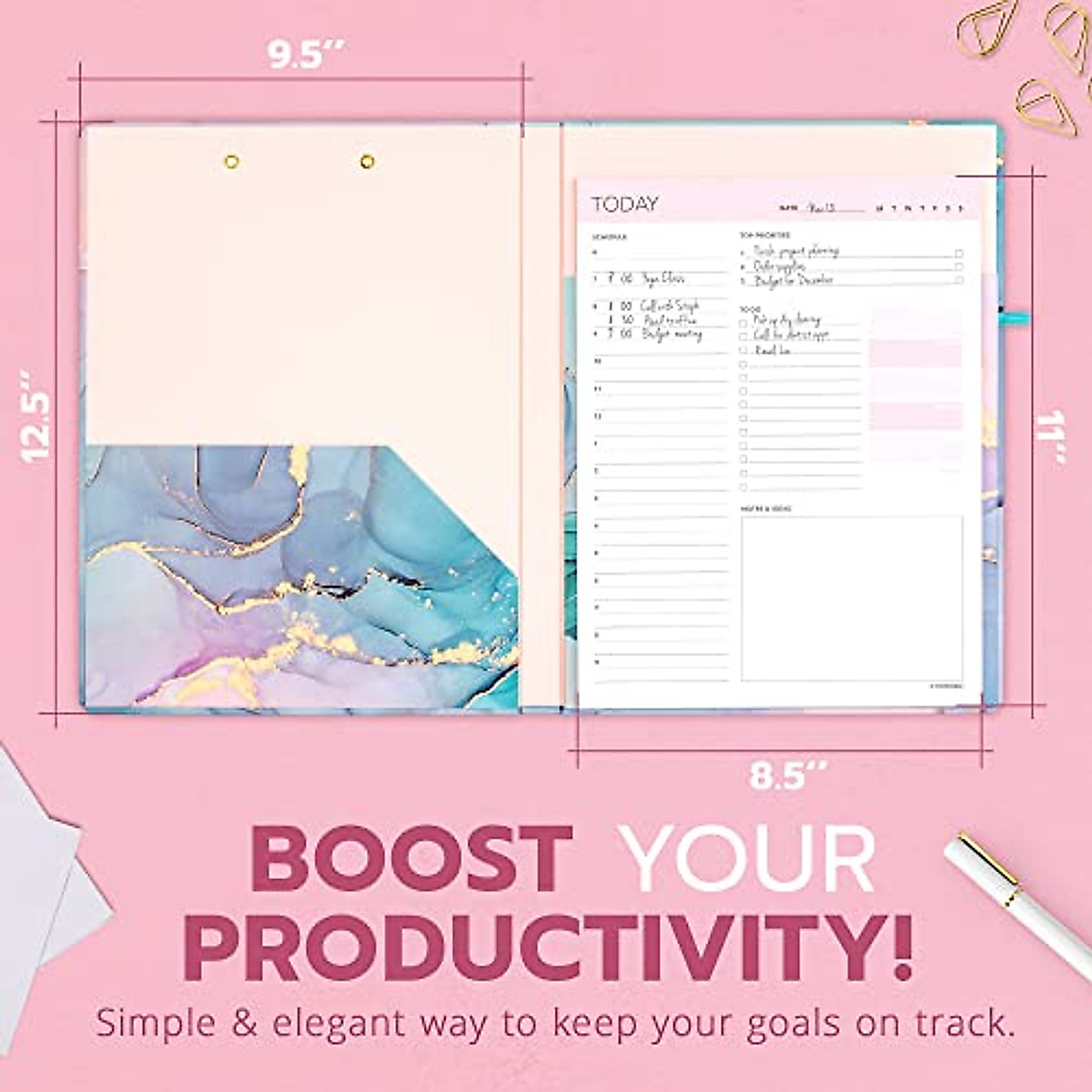 Blue Clipboard Folio with Daily Planner To Do List Notepad, Cute Clipboard Folder, Office Gift for Women, Teal Marble Clipfolio, Pastel Aesthetic Notebook, Clipboard Padfolio with Pocket