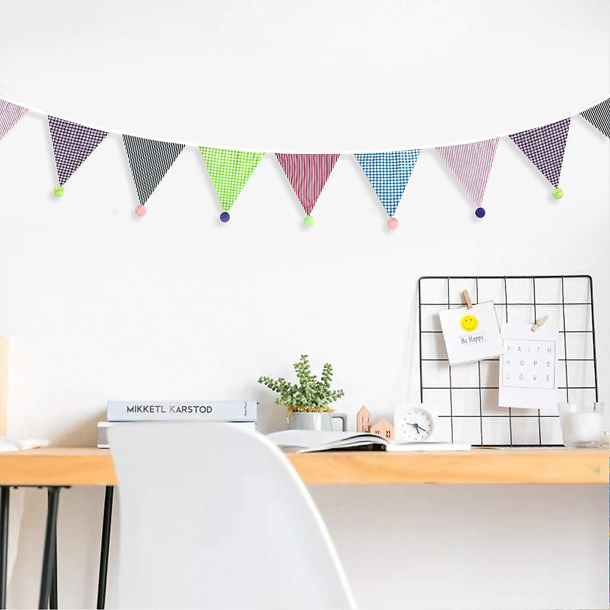 4M/13Ft Multi-Colored Fabric Triangle Bunting Flags Vintage Floral Pom Pom Cotton Banner Kit Pennant Garland for Home,Birthday Parties, Baby Shower,Festivals,Nursery,Outdoor Hanging Circus Decoration