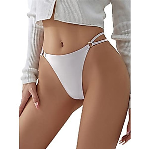 OYOANGLE Women's Floral Lace Bow Decor Panty Mid Rise Mesh Thong Underwear White L