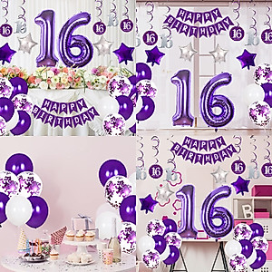 Sweet 16 Birthday Decorations, Purple 16th Birthday Party Decorations for Girls Boys Teenager, HAPPY BIRTHDAY Banner Bolloons Silver Number 16 Balloons for Him & Her 16 Years Old Birthday Party