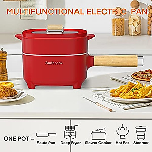 Audecook Hot Pot Electric 2L, Cermic Glaze Non-Stick Frying Pan 8 Inch, Portable Travel Cooker for Ramen/Steak/Fried Rice/Oatmeal/Soup, with Dual Power Control (Silicone Spatula Included)