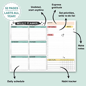 Weekly Planner Notepad - 52 Tear-Off Sheets, 8.5 x 11” Notepad Goal Tracker Organizer with Space for Daily Schedule, To Do List, Notes, and Habit Tracker