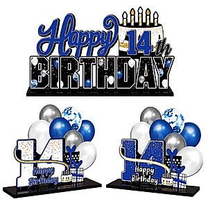LINGTEER Happy 14th Birthday Blue Acrylic Table Topper Centerpieces Set - Cheers to Fourteen Years Old Birthday 14th Bday Party Gift Decorations.
