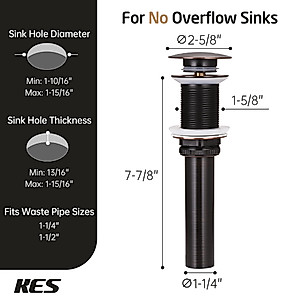 KES Bathroom Sink Drain without Overflow Vessel Sink Lavatory Vanity Pop Up Drain Stopper Oil Rubbed Bronze Finish, ALL Metal Rustproof Brass and 304 Stainless Steel, S2008D-ORB