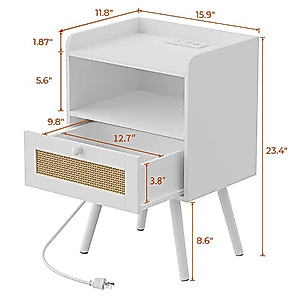 SUPERJARE Nightstands with Charging Station, Bedside Table Set of 2 with PE Rattan Drawers, Rattan Side Table with Storage & Solid Wood Feet, End Table for Bedroom, Living Room - White