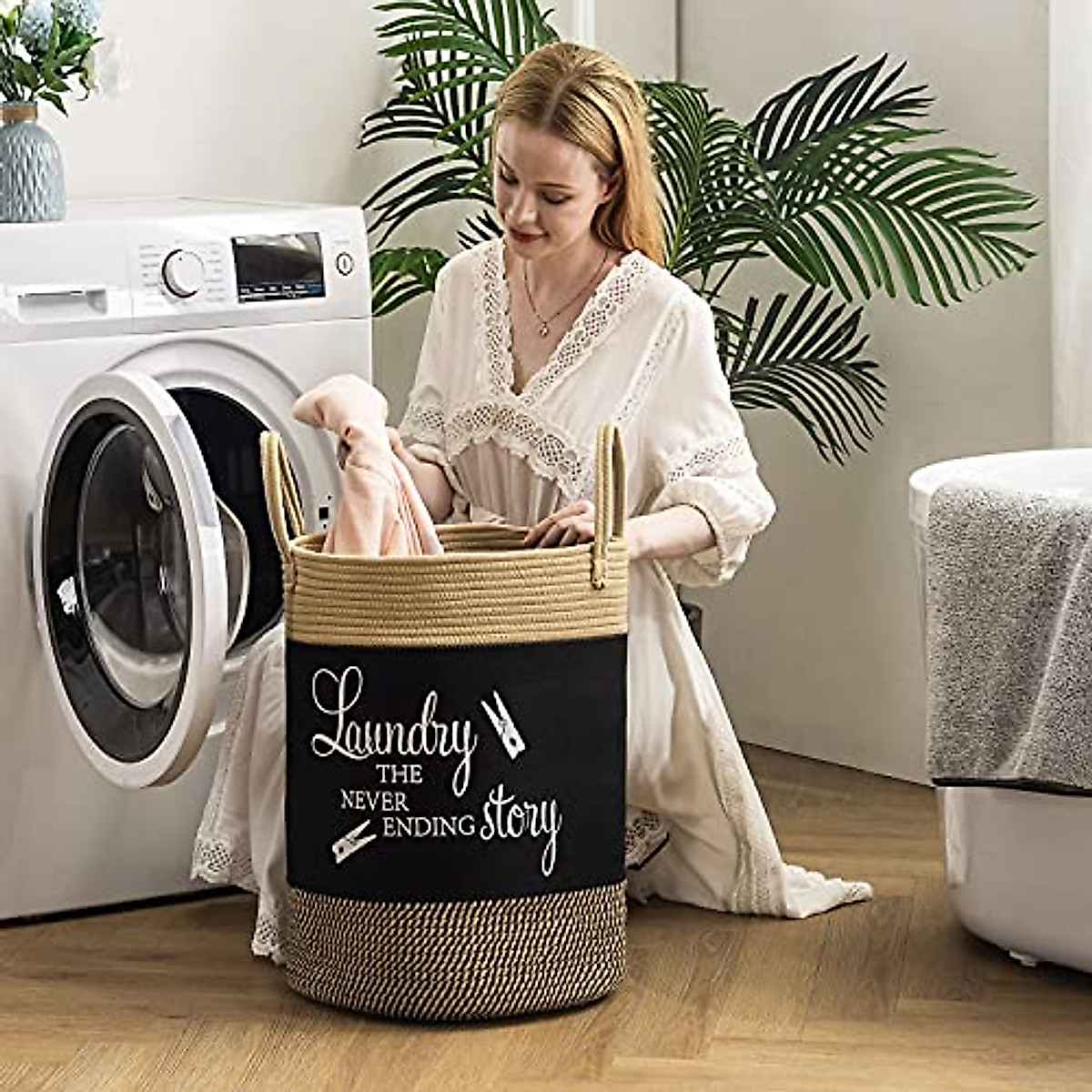 YOUDENOVA Woven Rope Laundry Basket, Tall Dirty Clothes Hamper for Blanket Storage in Bedroom, Bathroom,Living Room - Brown, 58L