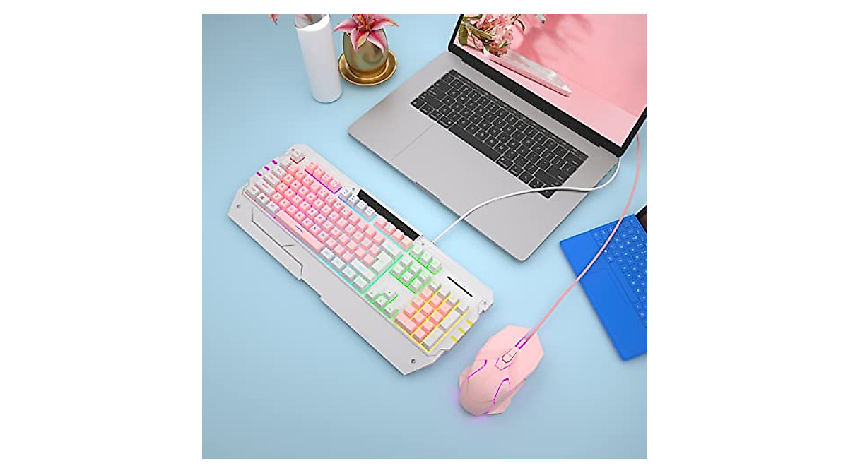 Pink Keyboard USB Gaming Keyboards and Mouse Combo, GT817 104 Key Rainbow Backlit Keyboard and ...
