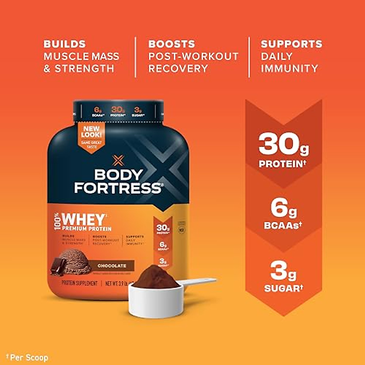 Body Fortress Super Advanced Whey Protein Powder, Chocolate, 60g Protein & 12g BCAAs Per 2 Scoops, Muscle Gain & Recovery, Immune Support with Vitamins C & D, 3.9lbs (Packaging May Vary)
