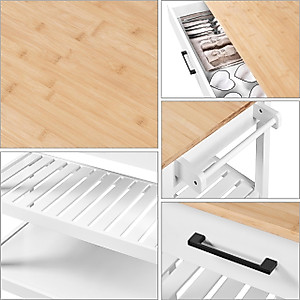 Yaheetech 40" Width Kitchen Island Cart on Wheels, 3 Tiers Rolling Utility Cart with Solid Wood Top and Drawer & 2 Spacious Storage Shelf, Serving Trolley for Dining Room, White