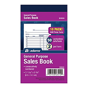 General Purpose Sales Book, Carbonless, Pack of 10 (DC3510)