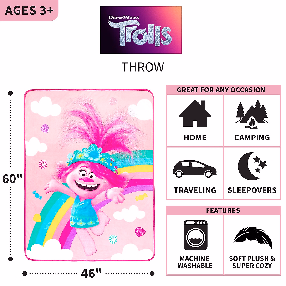 Franco Kids Bedding Soft Plush Micro Raschel Throw, 46 in x 60 in, Trolls World Tour