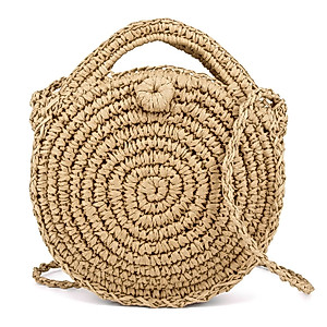Women Round Straw Beach Bag Handwoven Summer Rattan Bag Cross Body Bag Shoulder Bag Khaki