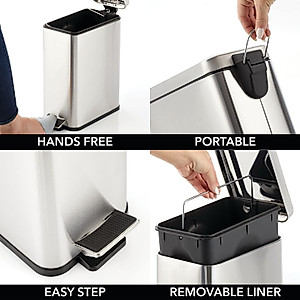 mDesign Pedal Bin — Waste Bin with Pedal, Lid and Plastic Bucket Insert for Bathroom, Kitchen, and Office — Metal Household Rubbish Bin with Ergonomic Design — Brushed Silver