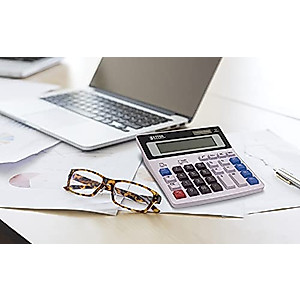 Extra Large Electronic Desktop Calculator, 12-Digit LCD Display, Angled Display Panel, by Better Office Products, 4 Function Memory Keys, Light Gray, Dual Power with Included AA Battery Power