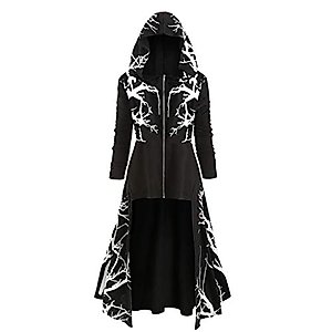 Tomppy Womens Hooded Robe Vintage Lace Up Long Sleeve Cosplay Cloak Gothic Punk Renaissance Costumes High Low Irregular Sweater Tops