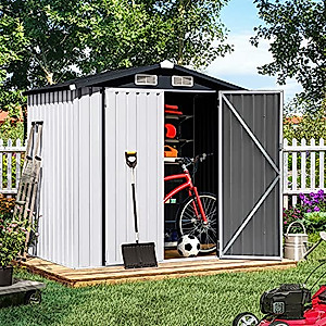 LAUSAINT HOME 6x4FT Outdoor Storage Shed, Large Waterproof Storage Tool Bike Sheds & Bulidings with Lockable Door for Backyard, Garden, Patio Lawn, Galvanized Steel, White