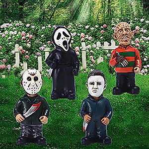 Horror Movie Garden Gnomes Decoration Outdoor Statue Nightmare Jason Michael Myers Figurines Lawn Halloween Decor (4PCS)