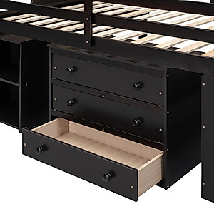 Versatile Wooden Full Size Low Loft Bed with Retractable Writing Desk and 3 Drawers, Storage Stairs and Shelves,for Kids Boys Girls Teens Adults Bedroom (Espresso@Writing Desk, Full)