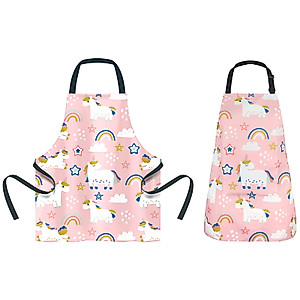 fangyunri Kids Apron with Pocket for Girls Unicorn Rainbow 6-12 Pink Child Art Smock Kitchen Bib Waterproof Toddler Chef Apron Adjustable Neck Strap for Cooking Painting Baking Crafting Art Gardening