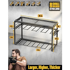 Spampur Power Tool Organizer, 8 Drill Holders Wall Mount, 3 Layer Heavy Duty Metal Storage for Garage Organization, Tools Storage with Hooks, Screwdriver Hammer Holder, Father's Day Men Gifts