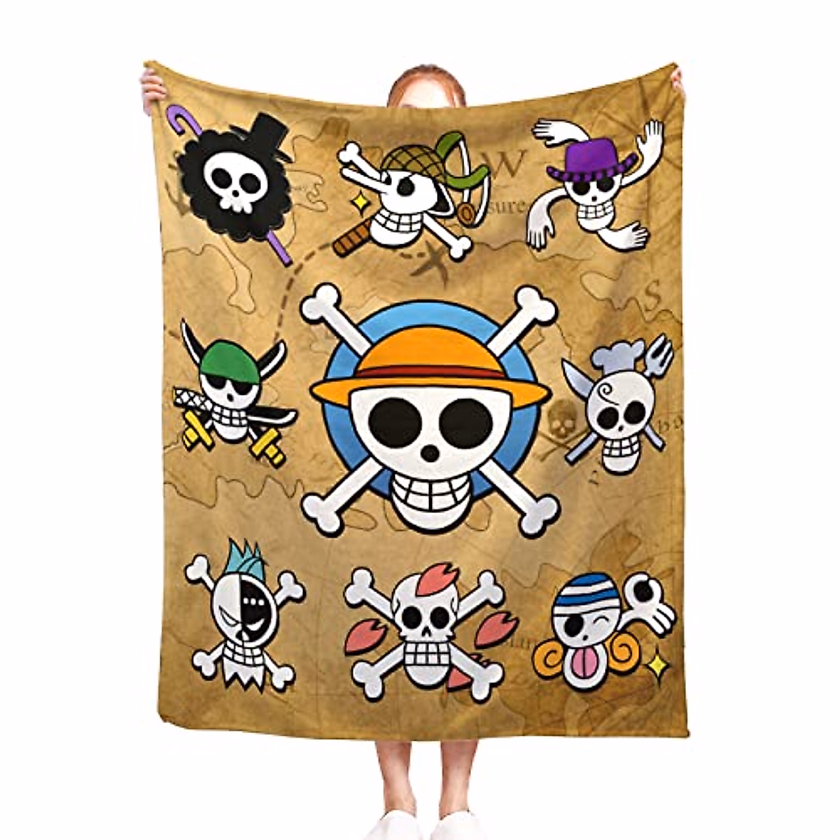 Anime One Piece Throw Blanket Luffy Jolly Roger Utra Soft Japanese Anime Flannel Blanket 50x60inches Straw Hat Pirate Flag Blanket for Bed Sofa Couch Brown Blanket