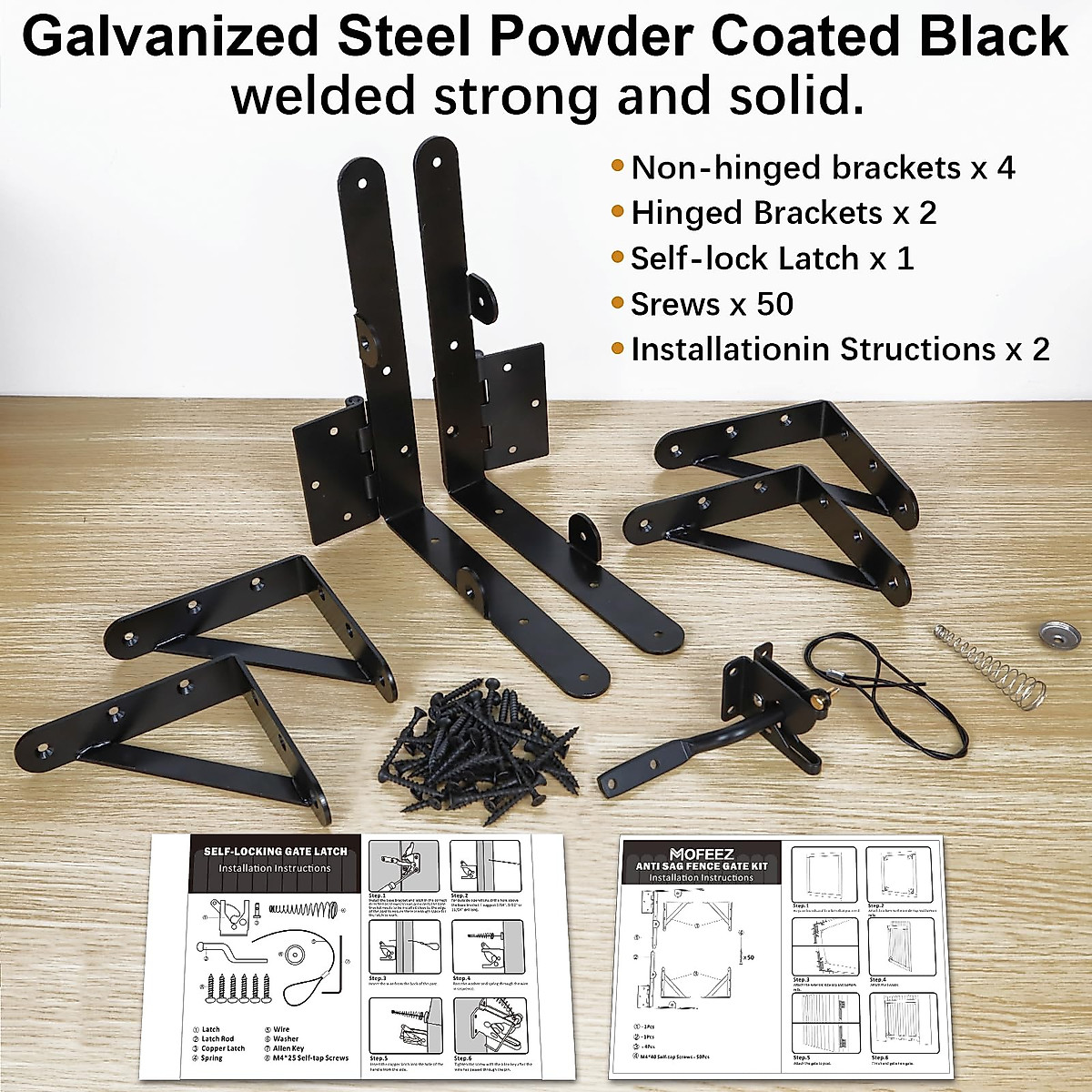 Mofeez Fence Gate Kit Iron Gate Hardware with Gate Latch for Wooden Fences Shed Doors Heavy Duty Anti Sag Gate Corner Brace Bracket
