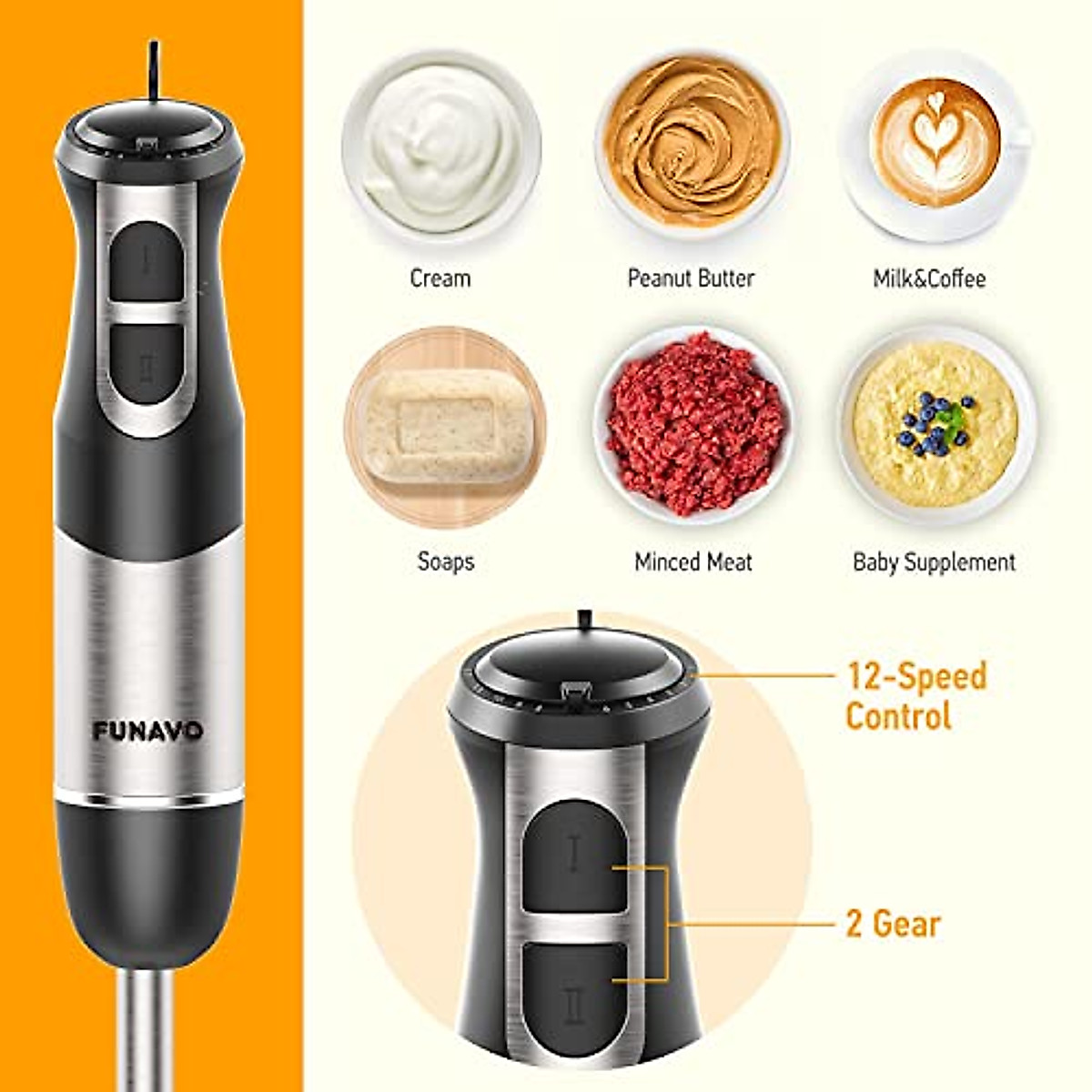 FUNAVO Hand Blender, 800W 5-in-1 Immersion Hand Blender, 12-Speed Multi-function Stick Blender with 500ml Chopping Bowl, Whisk, 600ml Mixing Beaker, Milk Frother Attachments, BPA-Free