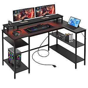 Panana L Shaped Gaming Desk with LED Lights & Power Outlets, Reversible Computer Desk with Stand & Shelves, Corner Desk Home Office Desk with USB Charging Port (Black)