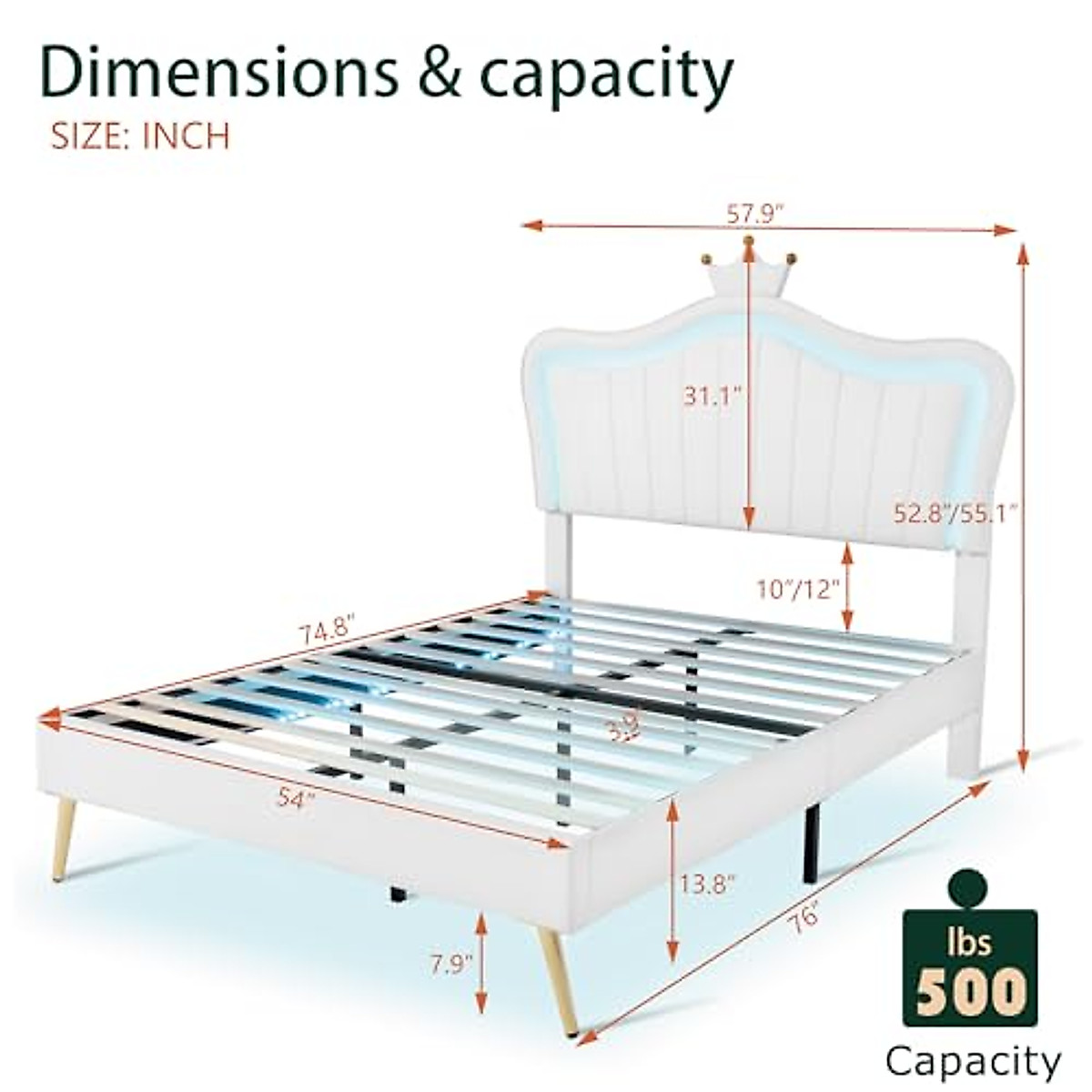 Led Bed Frame, Full Size Upholstered Bed Frame with Led Lights, Modern Upholstered Princess Bed with Crown Headboard & Wooden Slats Support for Teens Boys Girls, No Box Spring Needed (White, Full)