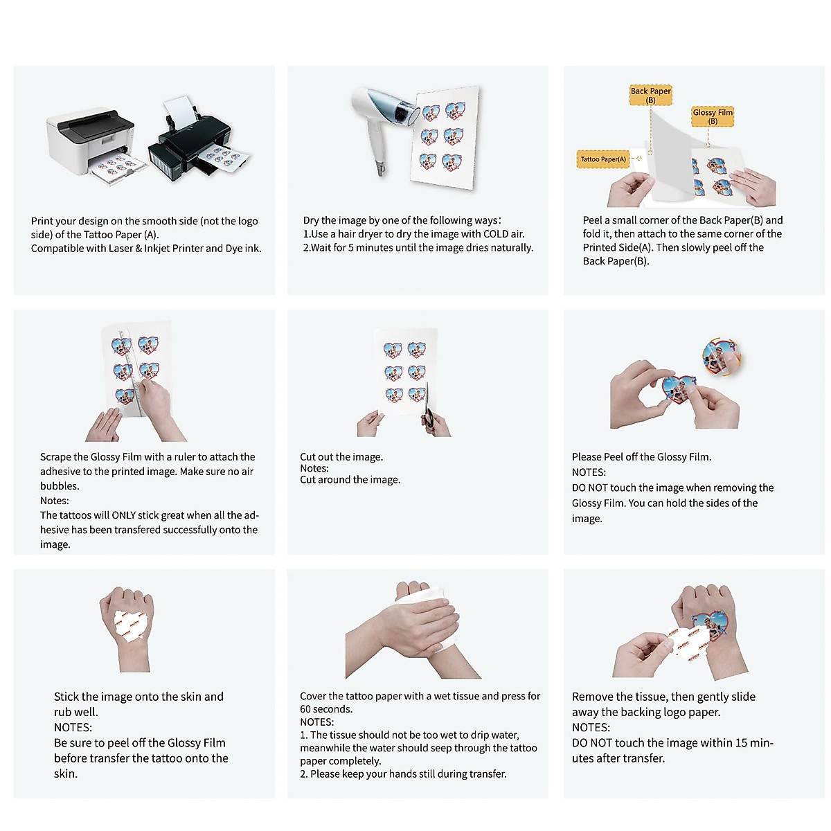 AYSOW Printable Temporary Tattoo Paper for Inkjet & Laser Printer, 5 Sheets A4 Size 8.3"x11.7" Waterproof DIY Image Transfer Decal Paper for Skin, Clear