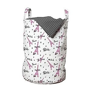 Lunarable Eiffel Tower Laundry Bag, France Paris Oh La La Eiffel Tower Hearts Calligraphy Doodle Style Artwork, Hamper Basket with Handles Drawstring Closure for Laundromats, 13" x 19", Pink Black