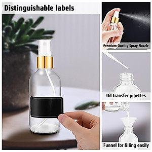 Tecohouse Glass Spray Bottles for Essential Oils, 2 oz Small Empty Refillable Sprayer Container with Golden Top, Labels, Funnel, Lids, Pipettes - Pocket Size 4 Pack Clear