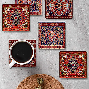 Bribay Coasters for Drinks Set of 6, Tribal Turkish Geometric Pattern Absorbent Square Ceramic Stone Mat, with Cork Base and Metal Holder, Gift for Housewarming Room Bar Decor