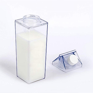 Milk Carton Water Bottle 17oz (500mL) Plastic Clear Square Milk Bottles No BPA Leakproof Water Bottle Portable Reusable Milk Carton Shaped Juice Bottle Perfect for Fitness Gym Camping Sports