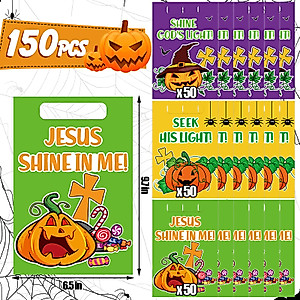 Hotop 150 Pieces Christian Pumpkin Plastic Bags Halloween Goody Bags for Sunday School Supplies Trick-or-treat Bags Church Bags Religious Halloween Party Decor
