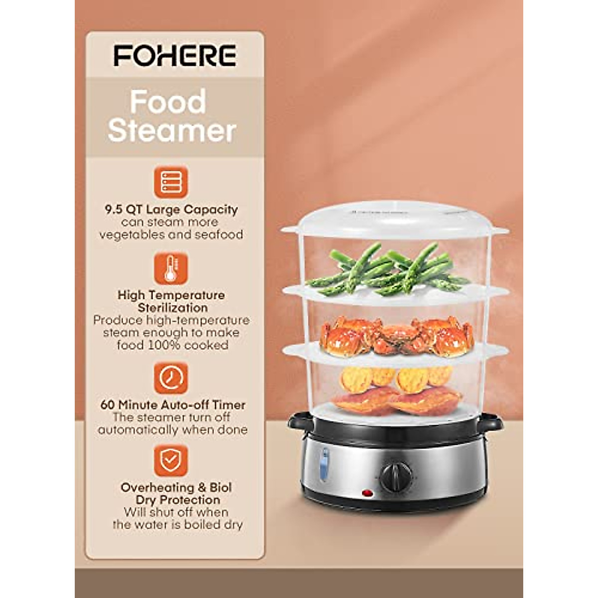 FOHERE Electric Food Steamer for Cooking, Vegetable Steamer 800W Fast Heating with 3 Tiers BPA-Free Nested Basket Trays and Auto Shut-off 60-min Timer, Rice Bowl Included, 9.5QT