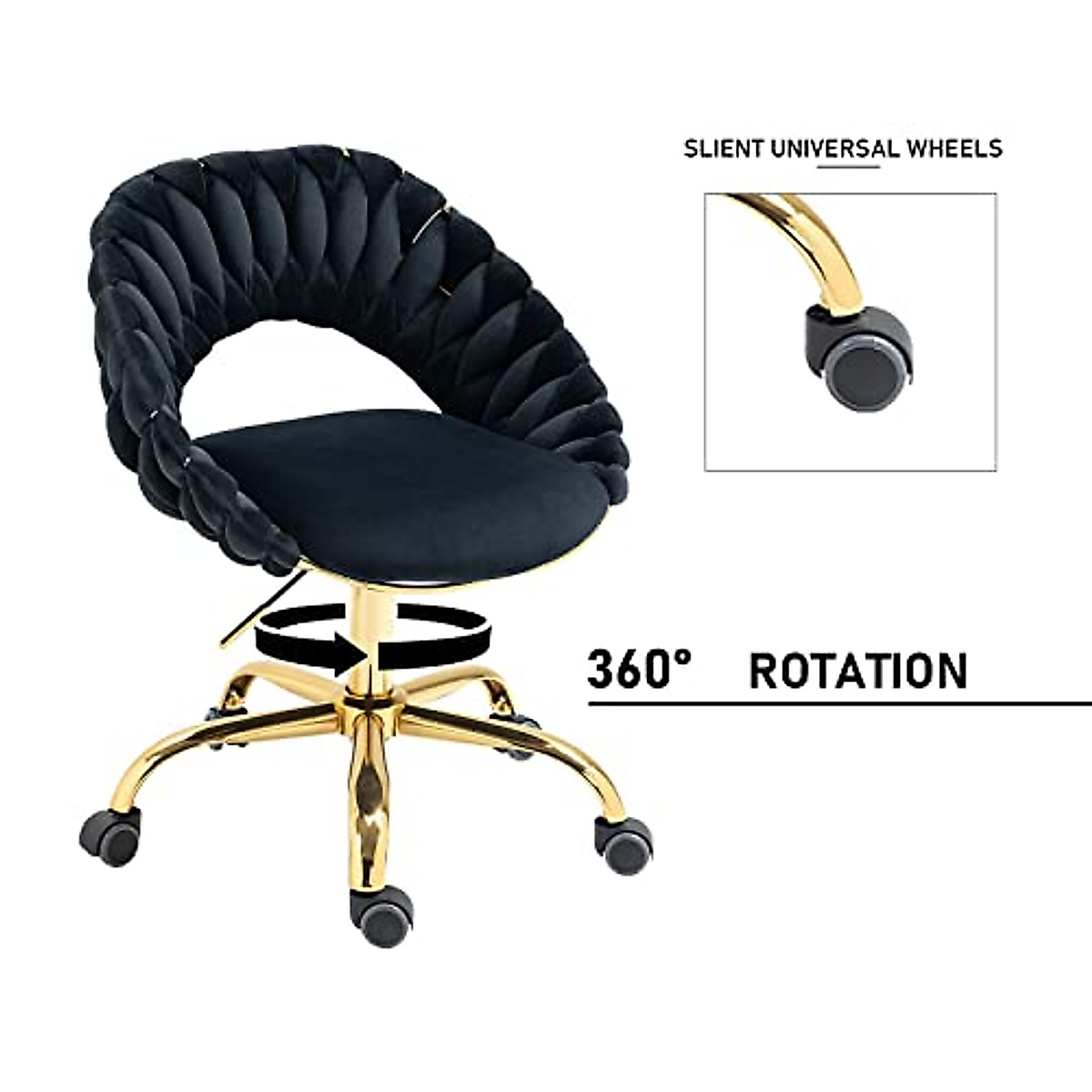Ufurpie Cute Velvet Desk Chair for Home Office,Modern Vanity Chair,Height Adjustable Swivel Rolling Comfy Chair Computer Chair with Gold Legs for Living Room Bedroom,Black