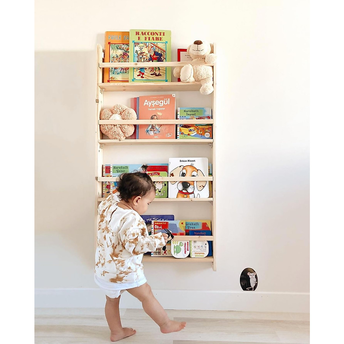 Handmade Solidwood Wall Mounted Montessori Kids Bookshelf, 4 Tier Book Display for Children Bedroom, Nursery Furniture Bookcase, Solid Wood Pine Tree Book Organiser for Living Room (Natural)