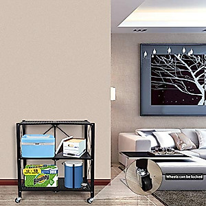 HealSmart 3-Tier Foldable Metal Heavy Duty Storage Shelving Unit with Wheels, Organizer Shelves for Garage Kitchen Holds up to 750 lbs Capacity, Black